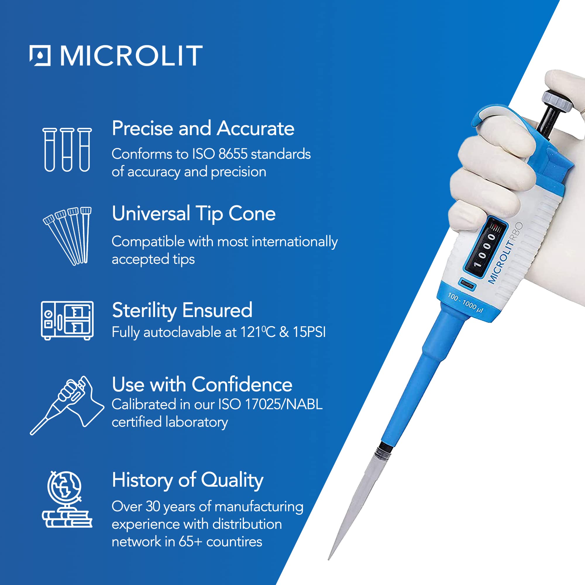 MICROLIT - 3-Piece Pipettes Set, Pipettes with Adjustable Volume, Highly Calibrated and Accurate Micropipette Set with 0.5-10ul, 10-100ul and 100-1000ul Liquid Capacity