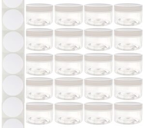 4 ounce plastic wide-mouth storage jars (20 pack) - low profile straight-sided clear empty refillable food-grade bpa-free pet containers with white screw-on lids - 70mm 70-400 70/400 made in the usa