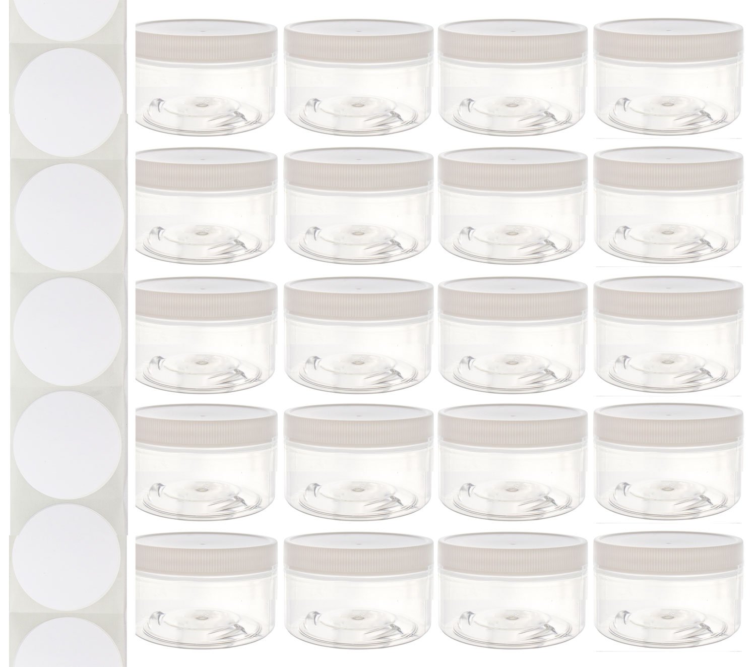 4 Ounce Plastic Wide-Mouth Storage Jars (20 pack) - Low Profile Straight-Sided Clear Empty Refillable Food-Grade BPA-Free PET Containers with White Screw-On Lids - 70mm 70-400 70/400 Made in the USA