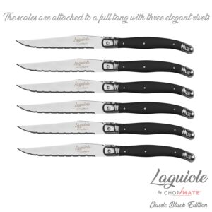 Chopmate Laguiole Premium Steak Knife Set - 4.5 inch - Classic Black Edition - Razor Sharp Kitchen Knives - Forged Stainless Steel - Full Tang Handle - 6 Piece Set + Wood Storage Display Block