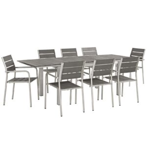 modway shore 7-piece aluminum outdoor patio furniture dining set with extendable 62 to 94 inch dining table and six dining arm chairs in silver gray