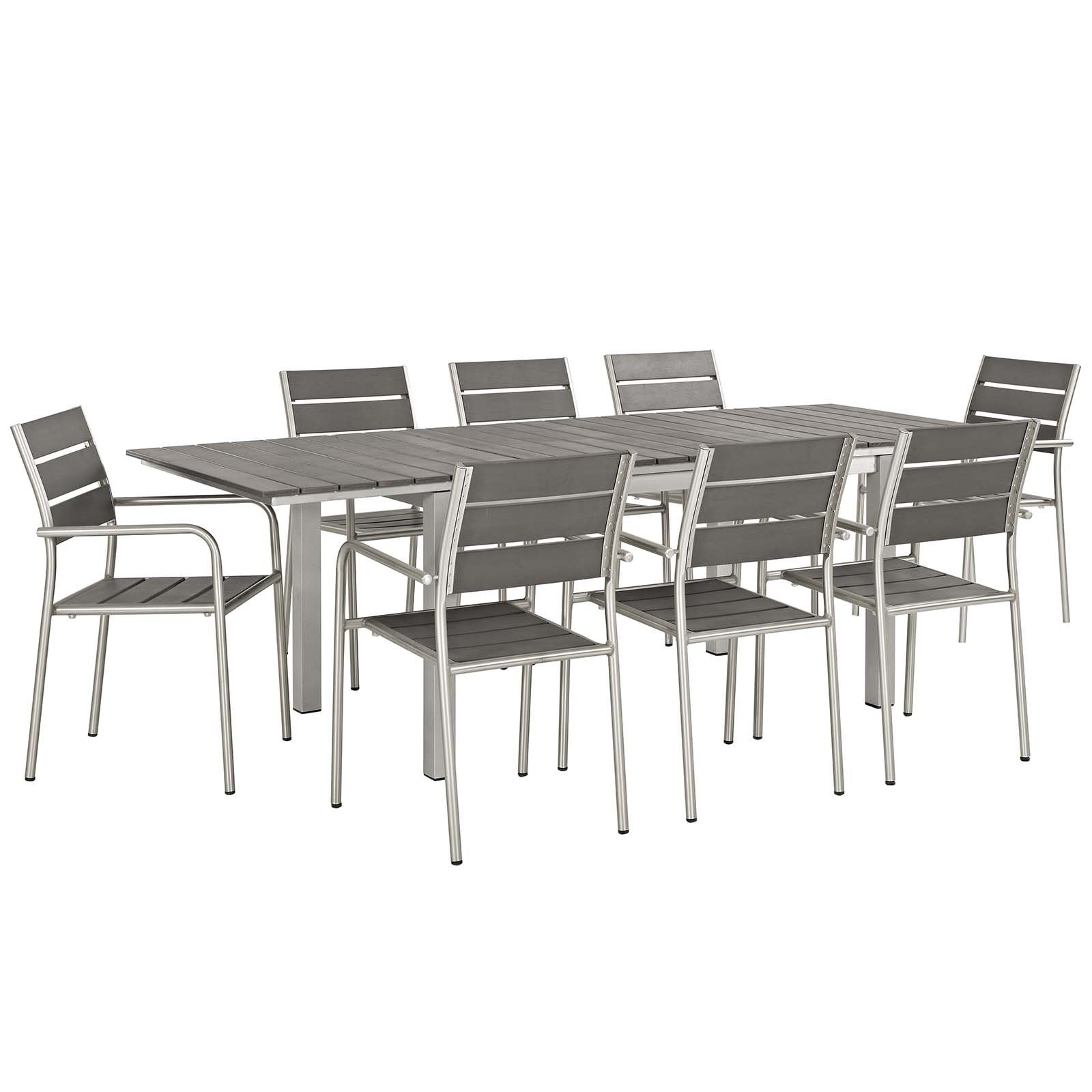 Modway Shore 7-Piece Aluminum Outdoor Patio Furniture Dining Set with Extendable 62 to 94 Inch Dining Table and Six Dining Arm Chairs in Silver Gray