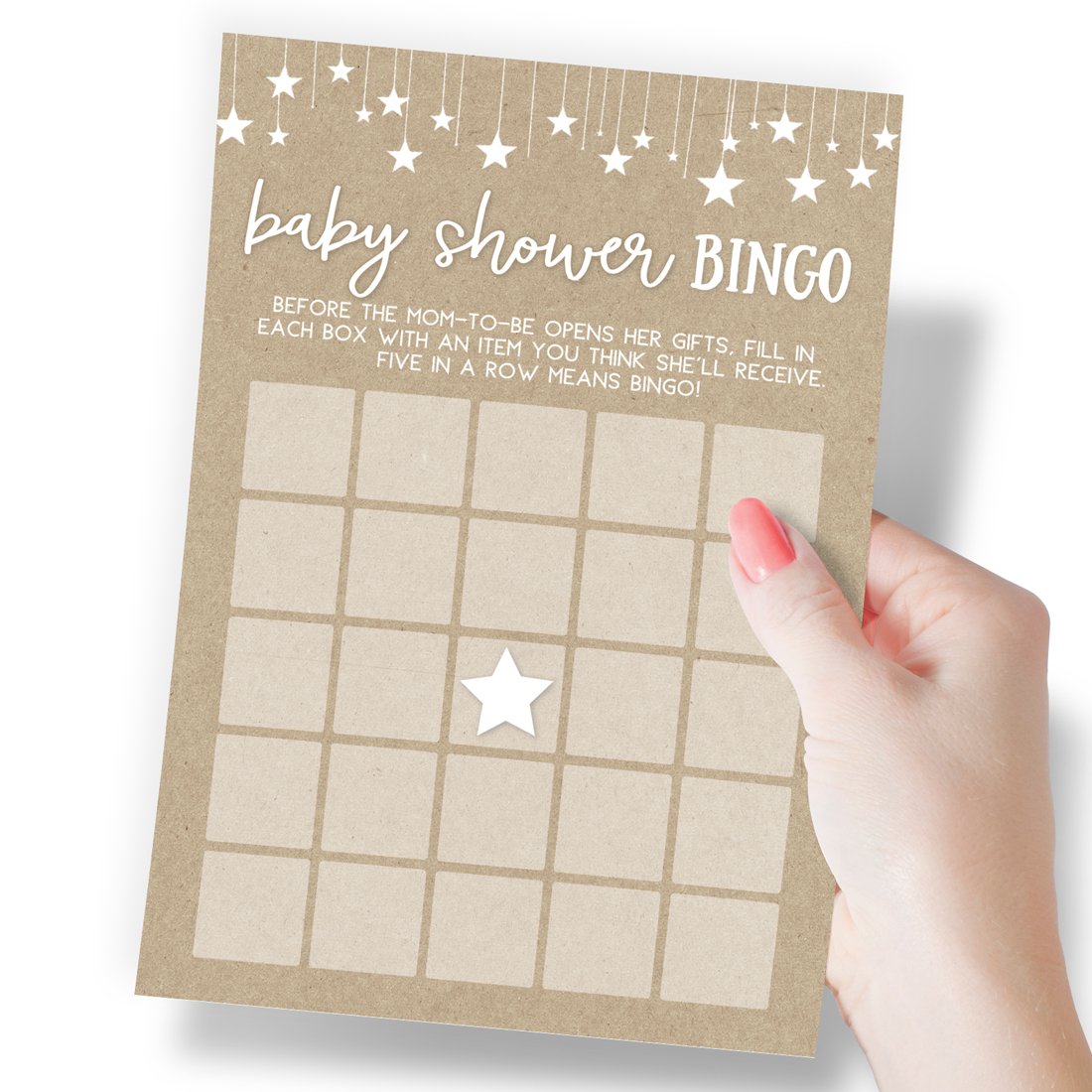 Printed Party Baby Shower Games – Bingo Game for Boy or Girl, Rustic Kraft Paper Theme, 50 Cards