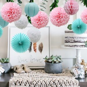 Teal Party Supplies for Bridal Baby Shower First Birthday Party Wedding Decorations (16pcs) Paper Honeycomb Ball Pom Poms Flowers Paper Lanterns Hanging Tissue Fan