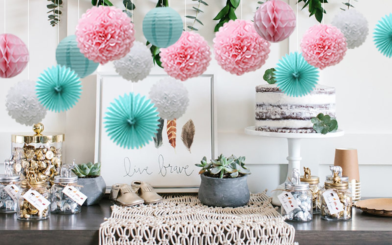 Teal Party Supplies for Bridal Baby Shower First Birthday Party Wedding Decorations (16pcs) Paper Honeycomb Ball Pom Poms Flowers Paper Lanterns Hanging Tissue Fan