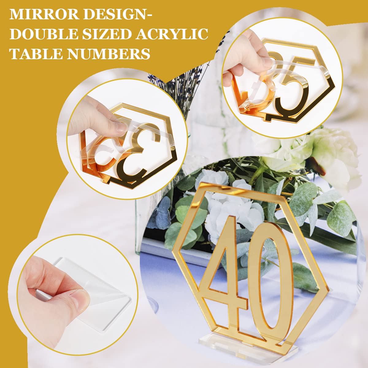 Fashionclubs Table Numbers, 1-40 Wedding Acrylic Table Numbers with Holder Base Party Card Table Holder,Hexagon Shape,Perfect for Wedding Reception and Decoration,Gold