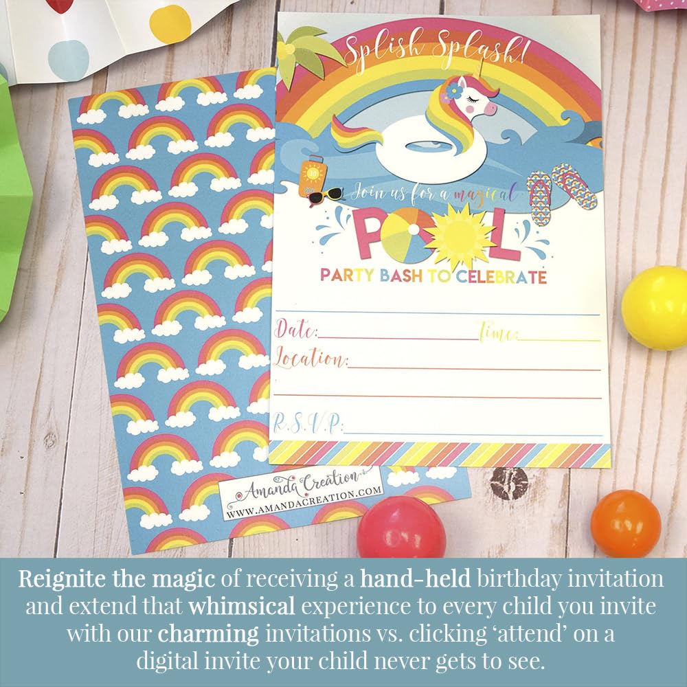 Unicorn Pool Float Rainbow Birthday Party Invitations, 20 5x7 Fill In Cards with Twenty White Envelopes by AmandaCreation