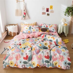 bhusb 3 piece teens floral bedding sets pink flowers print kids duvet cover set twin garden soft cotton comforter covers for bedding collection twin set zipper closure