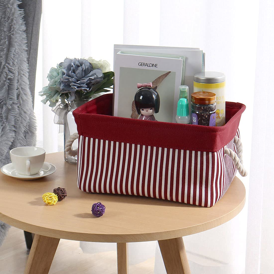 uxcell Storage Basket Bin, Collapsible Laundry Basket with Rope Handles,Decorative Fabric Basket for Shelves Office Closet Organizer, Red (Small - 13.8"x9.8"x6.7")