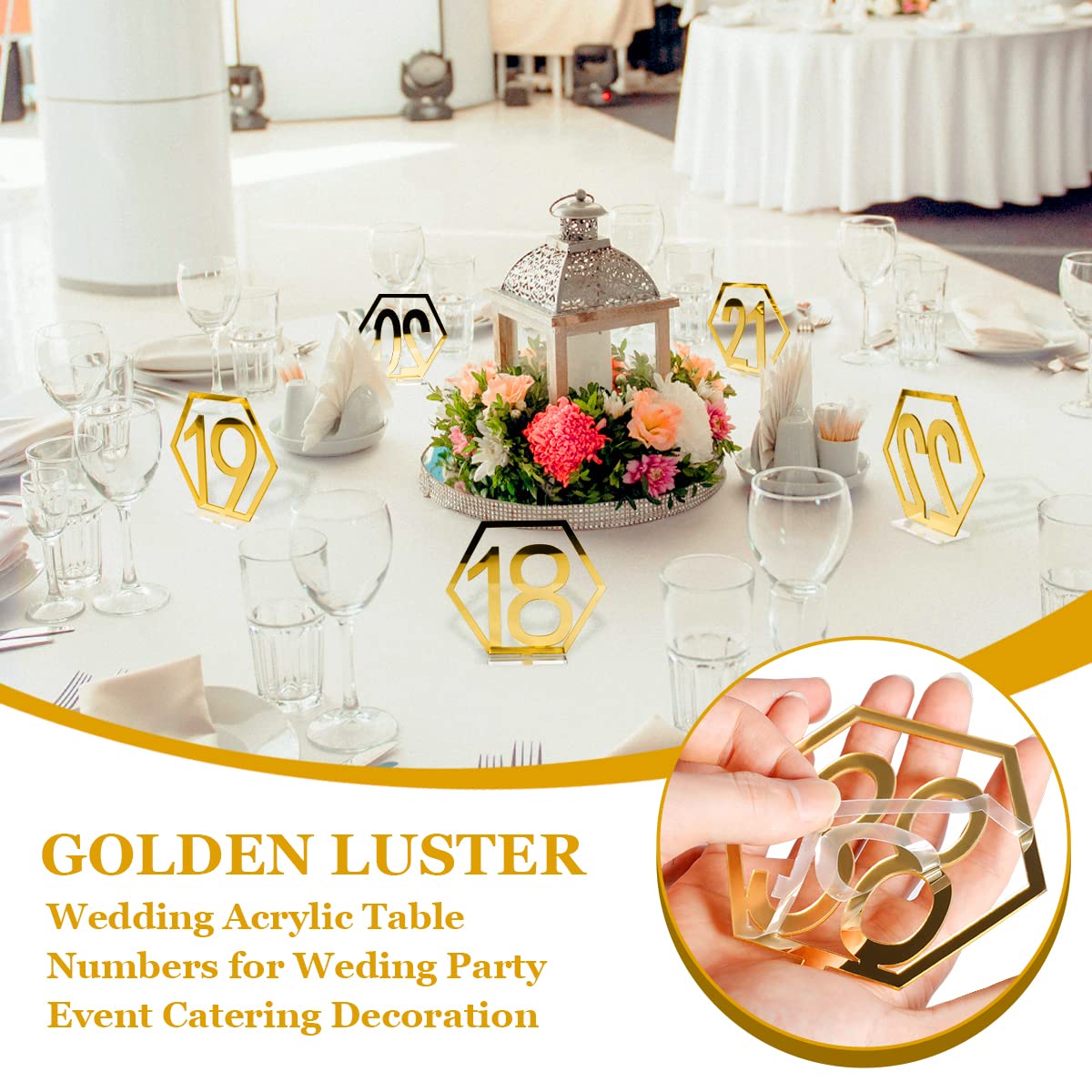 Fashionclubs Table Numbers, 1-40 Wedding Acrylic Table Numbers with Holder Base Party Card Table Holder,Hexagon Shape,Perfect for Wedding Reception and Decoration,Gold