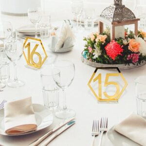 Fashionclubs Table Numbers, 1-40 Wedding Acrylic Table Numbers with Holder Base Party Card Table Holder,Hexagon Shape,Perfect for Wedding Reception and Decoration,Gold