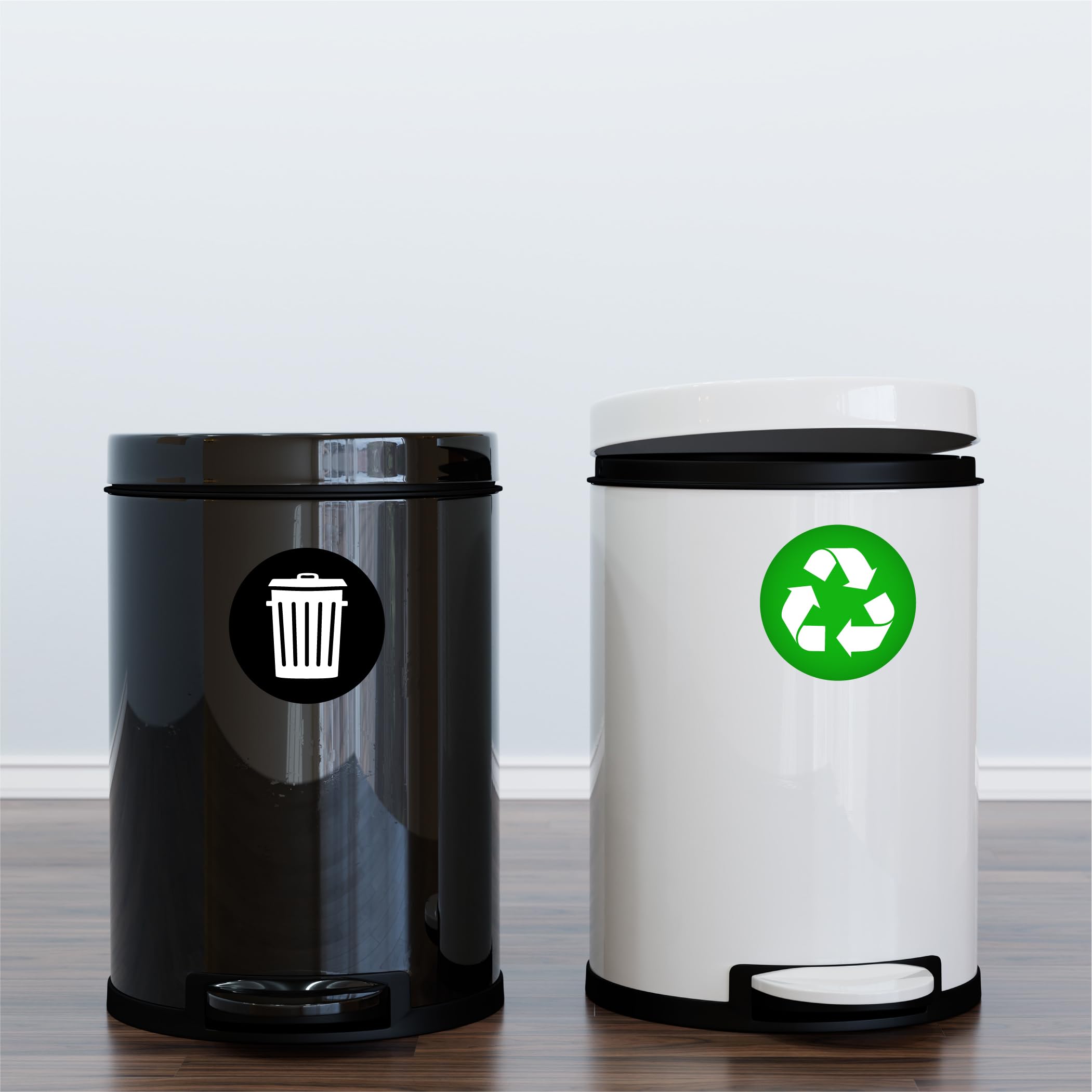 Recycle and Trash Logo Stickers 4 Pack - 6in Circle - for Metal or Plastic Garbage cans, and Bins - Indoor & Outdoor - Laminated and UV Protected Premium Decal (Green, Medium)