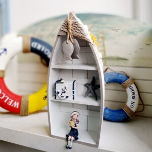 YK Decor 16.5"H Wooden Boat Display with 3 Shelves Fish Net Star Fish, White Wood Boat Stand Beach Nautical Theme Decor