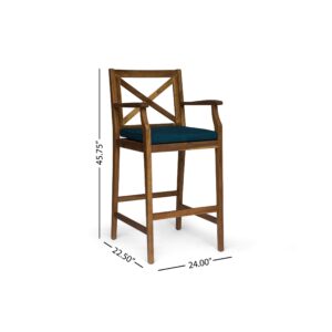 Christopher Knight Home Logan Outdoor Acacia Wood Barstool, Teak Finish/Blue