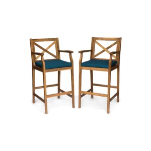 christopher knight home logan outdoor acacia wood barstool, teak finish/blue