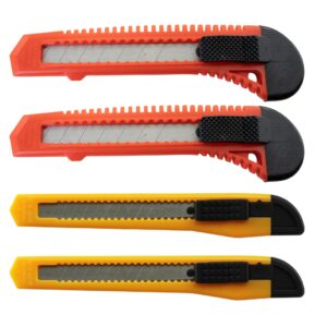 powertron tools utility knife box cutter razor auto-lock 4-pack set, retractable box cutter snap off blades knife, for office, home, arts, crafts, red and yellow