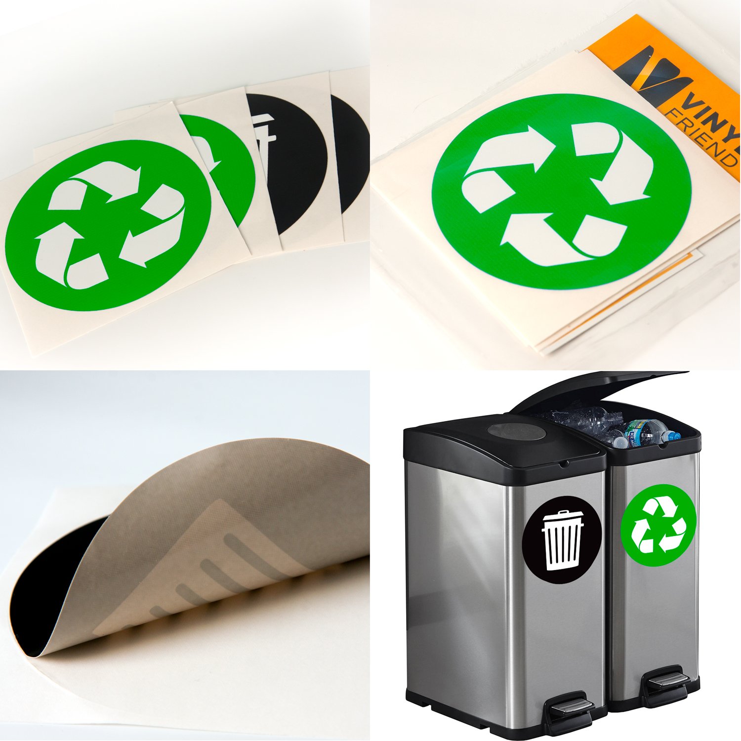 Recycle and Trash Logo Stickers 4 Pack - 6in Circle - for Metal or Plastic Garbage cans, and Bins - Indoor & Outdoor - Laminated and UV Protected Premium Decal (Green, Medium)