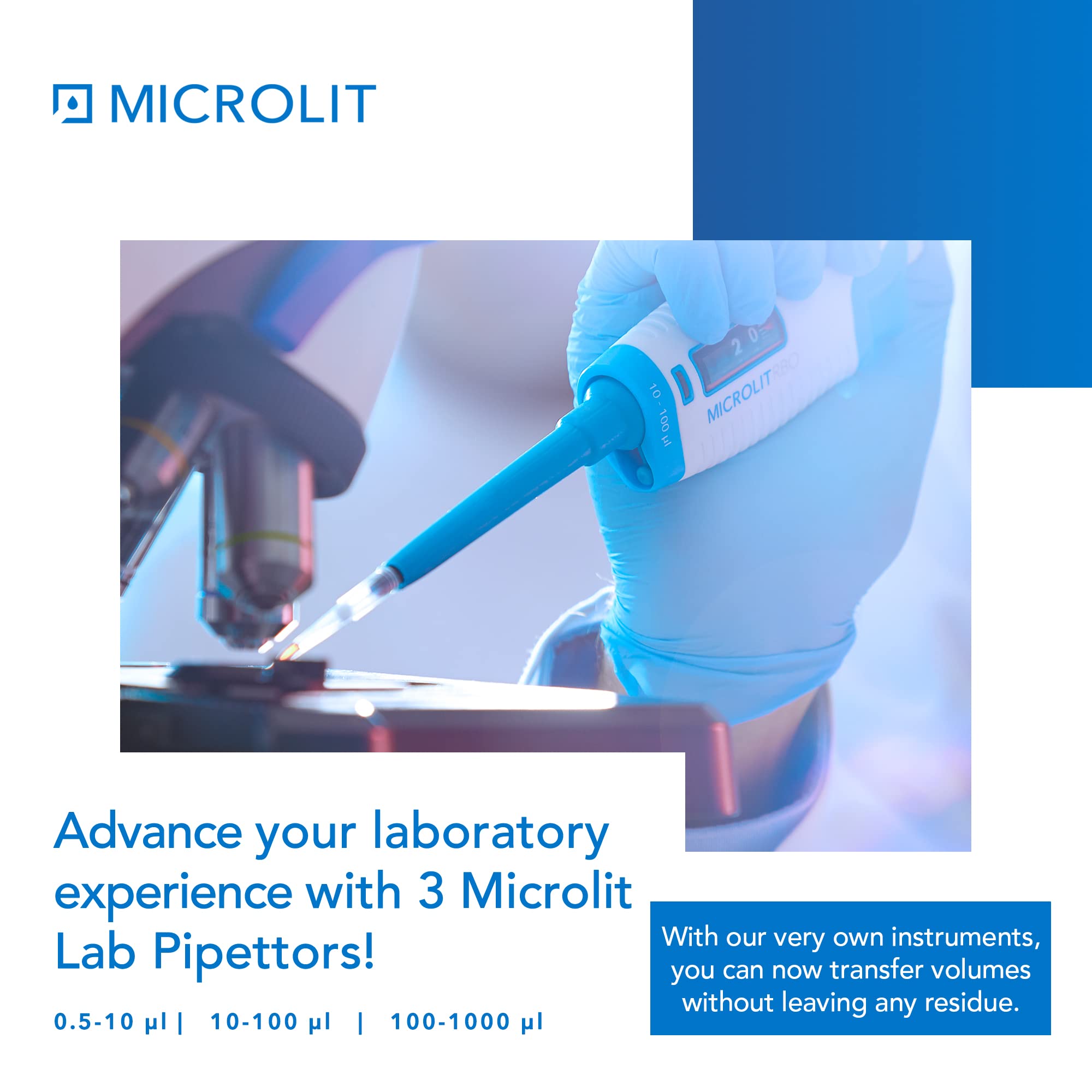 MICROLIT - 3-Piece Pipettes Set, Pipettes with Adjustable Volume, Highly Calibrated and Accurate Micropipette Set with 0.5-10ul, 10-100ul and 100-1000ul Liquid Capacity