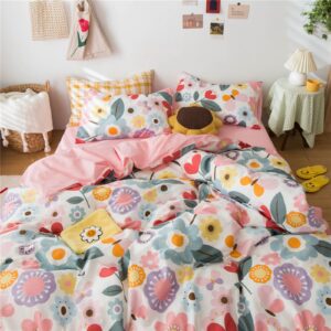 BHUSB 3 Piece Teens Floral Bedding Sets Pink Flowers Print Kids Duvet Cover Set Twin Garden Soft Cotton Comforter Covers for Bedding Collection Twin Set Zipper Closure