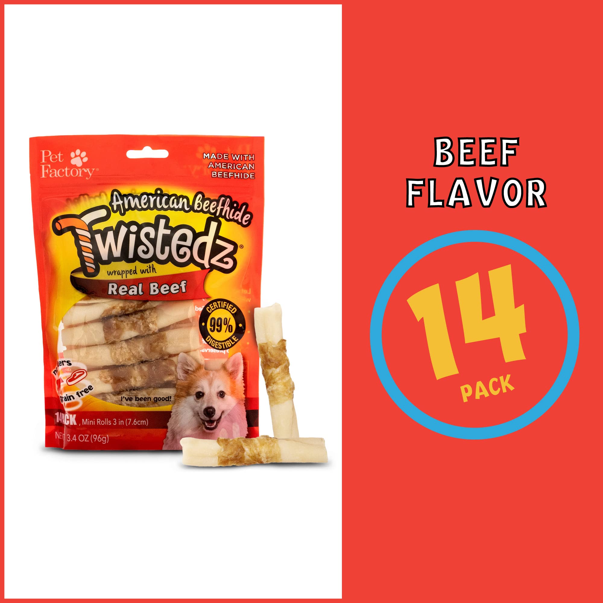 Pet Factory Twistedz American Beefhide 3-3.5" Mini Rolls Dog Chew Treats w/ Real Beef Meat Wrap - 14 Count/1 Pack