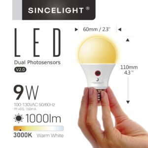 Dusk to Dawn LED Bulb with Dual DayLight Sensor · ON/OFF Automatic Depends On DayLight Level · 9 Watt · 3000K Warm White · Edison Screw E26 · 2 Pack