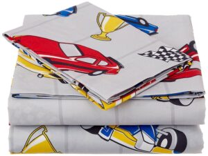 linen plus sheet set for boys/teens race cars flags champion grey yellow red blue black white flat sheet fitted sheet and pillow case twin size new