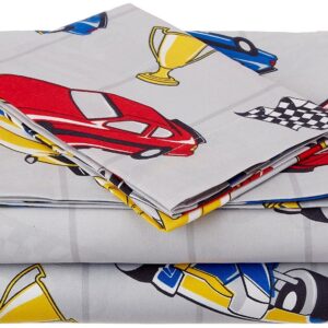 Linen Plus Sheet Set for Boys/Teens Race Cars Flags Champion Grey Yellow Red Blue Black White Flat Sheet Fitted Sheet and Pillow Case Twin Size New