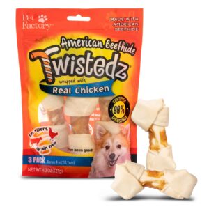 pet factory twistedz american beefhide 4-5" knotted bones dog chew treats w/ real chicken meat wrap - 3 count/1 pack