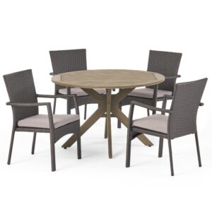 Christopher Knight Home Layna Outdoor 5 Piece Wood and Wicker Dining Set, Gray Finish/Gray