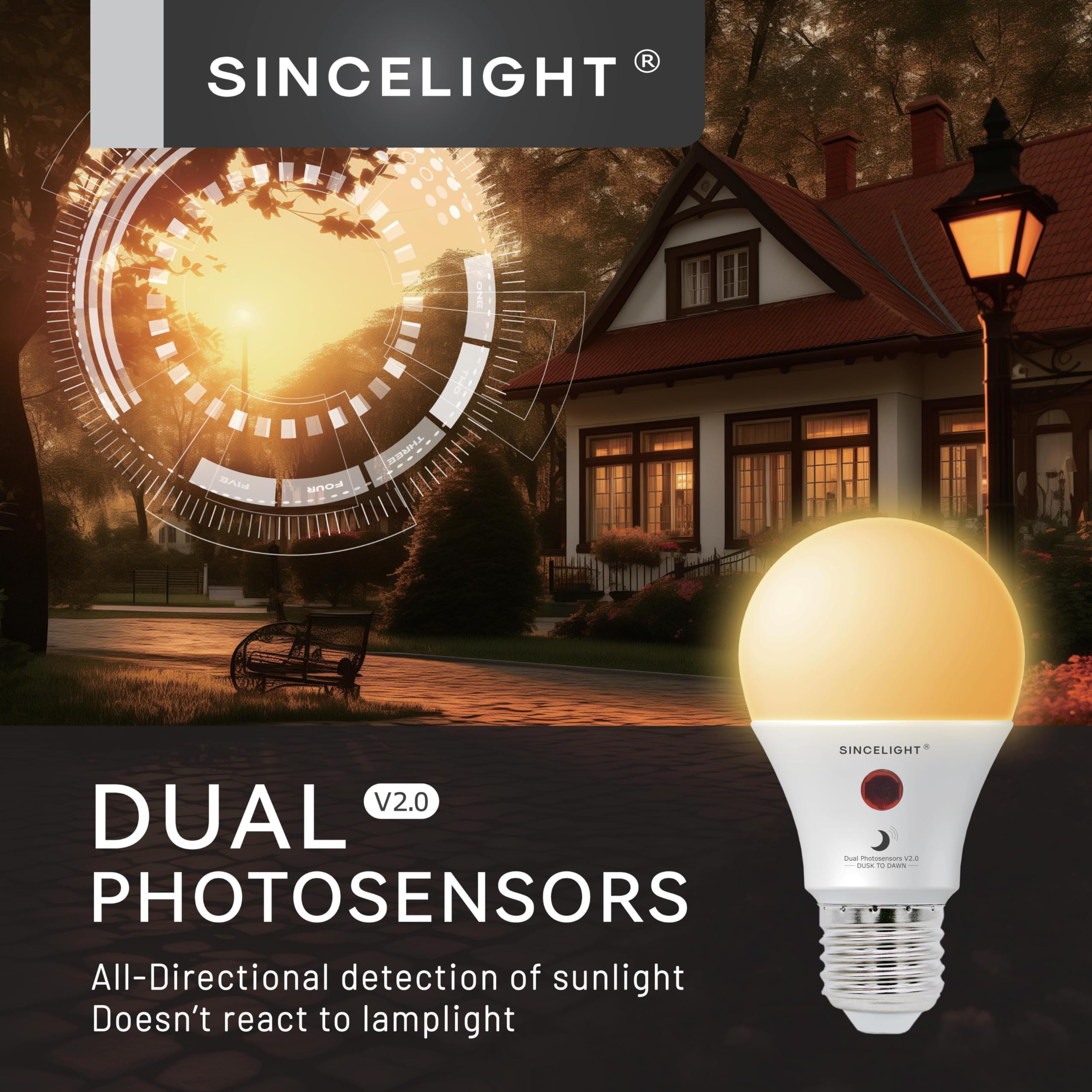 Dusk to Dawn LED Bulb with Dual DayLight Sensor · ON/OFF Automatic Depends On DayLight Level · 9 Watt · 3000K Warm White · Edison Screw E26 · 2 Pack