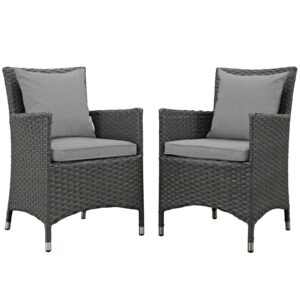 modway eei-2242-chc-gry-set sojourn wicker rattan outdoor patio sunbrella dining chairs in canvas gray, two armchairs