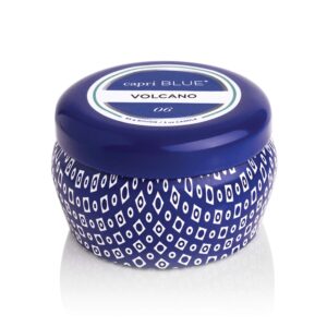 capri blue volcano scented mini tin candle - printed mini tin jar candle - luxury candles for home scented with tropical fruit & sugared citrus - soy candle wax blend - blue candle (3 oz)