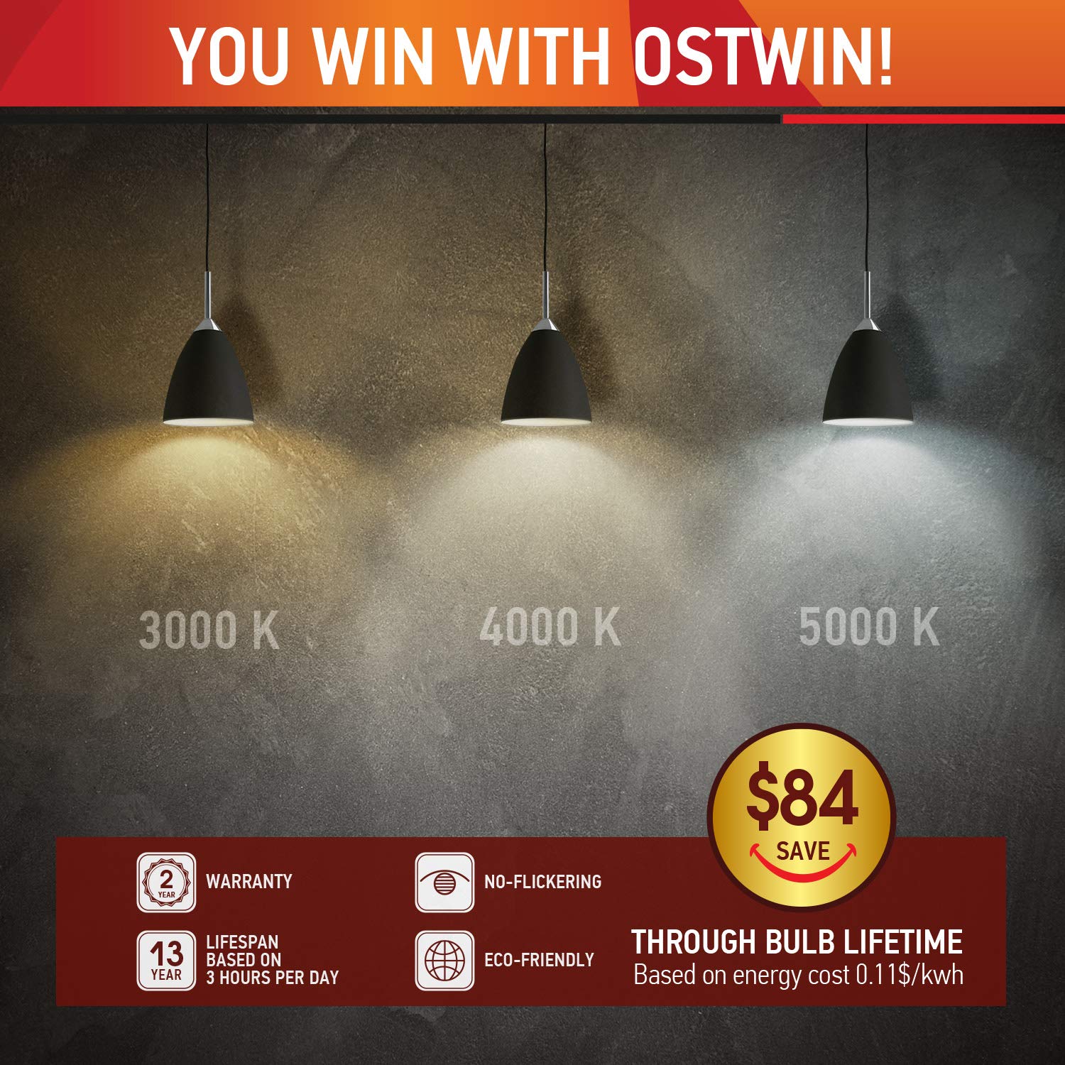 OSTWIN 9W LED Light Bulb 60 Watt, E26 Light Bulb, A19 3000k Warm White, 800 Lumens, CRI80 Daylight, Non-Dimmable, UL Listed 6 Pack