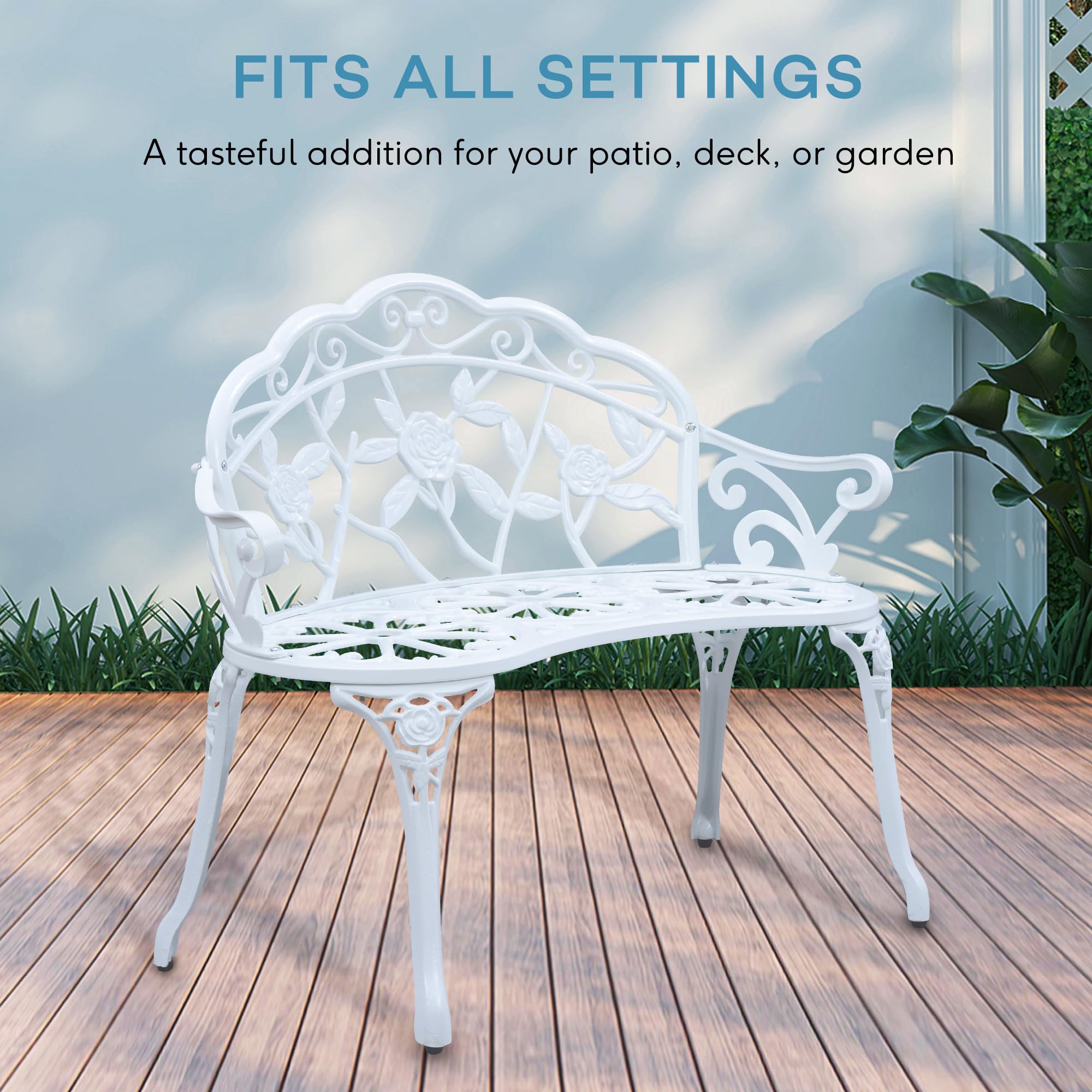 Sun-Ray Outdoor Patio Bench with Rose Detail in White, Cast Aluminum and Cast Iron Bench for Garden, Park, Patio, & Deck