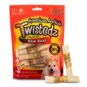 pet factory twistedz american beefhide 3-3.5" mini rolls dog chew treats w/ real beef meat wrap - 14 count/1 pack