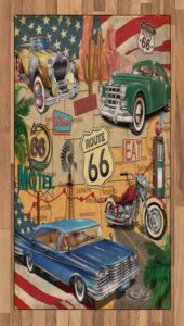 lunarable route 66 area rug, old fashioned cars motorcycle on a map road trip journey american usa concept, flat woven accent rug for living room bedroom dining room, 2' 6" x 5', beige red