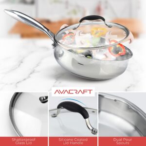 AVACRAFT 18/10 8 Inch Stainless Steel Frying Pan with Lid, Side Spouts, Induction Pan, Versatile Stainless Steel Skillet, Fry Pan in our Pots and Pans (Stainless Steel, 8 Inch)