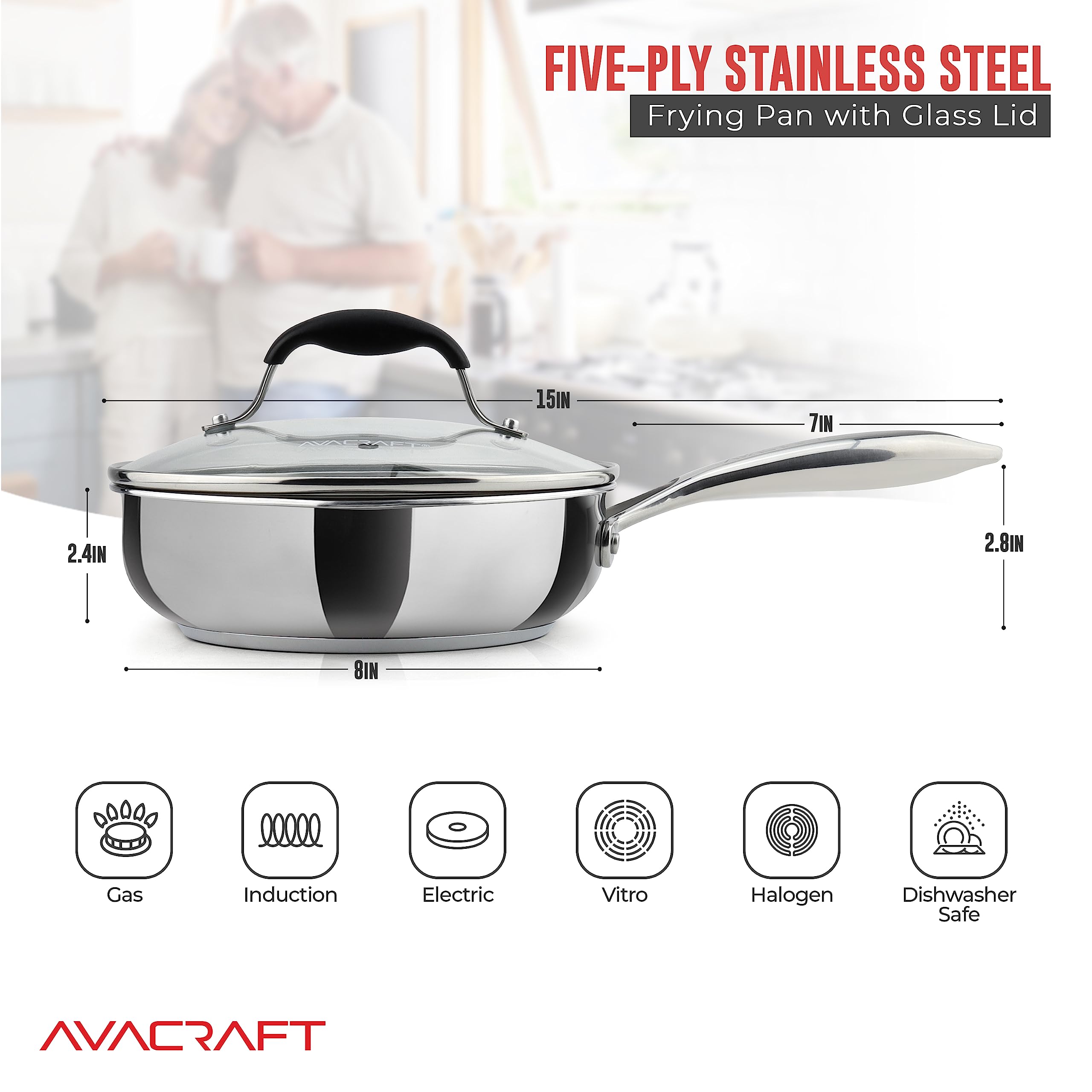 AVACRAFT 18/10 8 Inch Stainless Steel Frying Pan with Lid, Side Spouts, Induction Pan, Versatile Stainless Steel Skillet, Fry Pan in our Pots and Pans (Stainless Steel, 8 Inch)