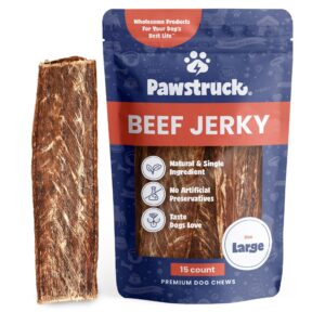 pawstruck premium beef jerky dog treat chews, large 10" strips - support hip & joint health naturally rich in glucosamine & chondroitin - no added preservatives - 15 count - packaging may vary