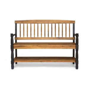 Great Deal Furniture Christopher Knight Home Daphne Outdoor Acacia Wood Bench with Shelf, Teak and Black Finish