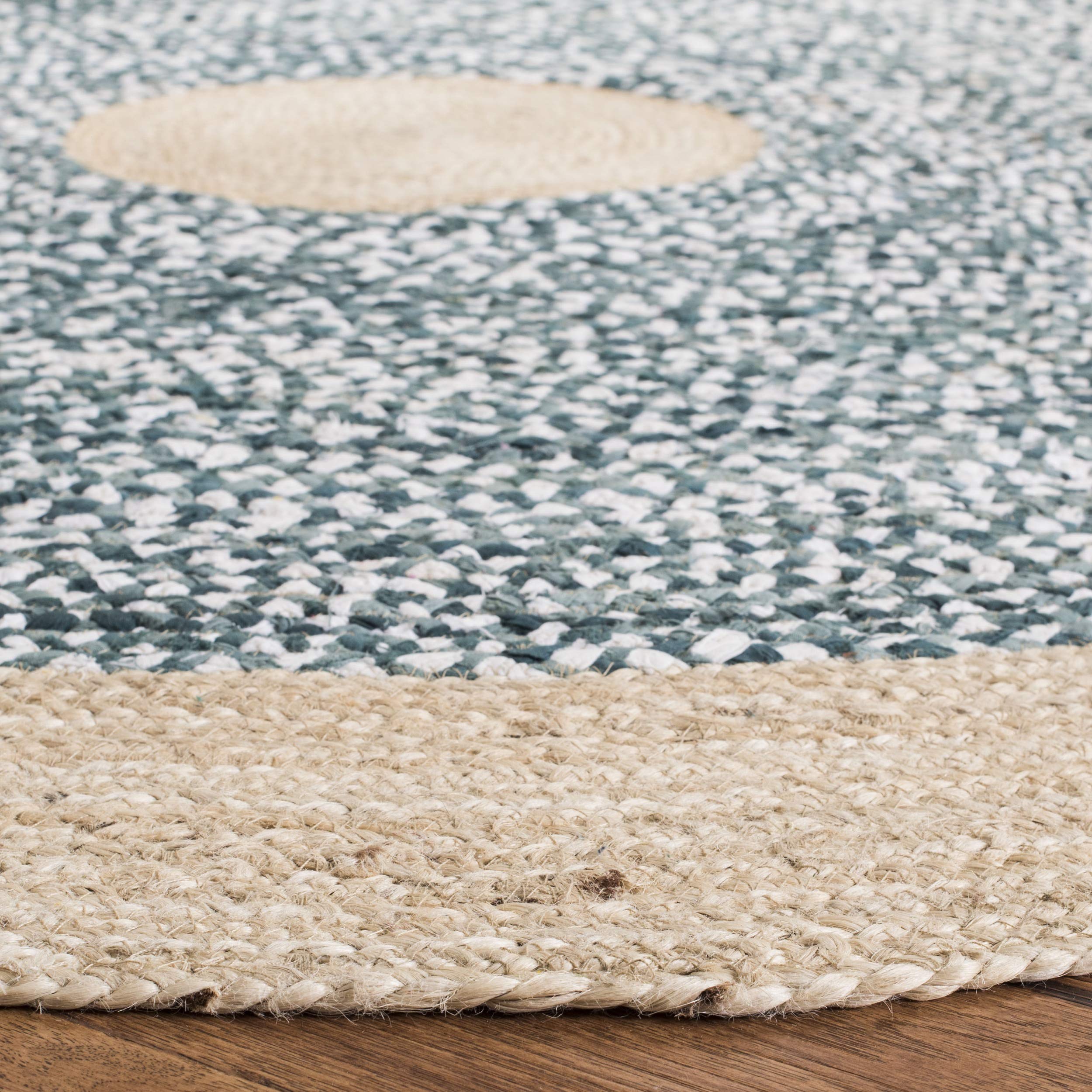 SAFAVIEH Cape Cod Collection 6' Round Light Blue / Natural CAP210M Handmade Braided Jute & Cotton Area Rug