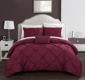 chic home daya 4 piece cover set pinch pleat ruffled design embellished zipper closure bedding-decorative pillow shams included, queen duvet, burgundy