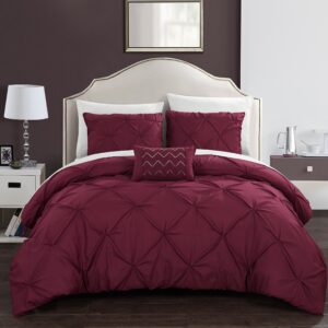 Chic Home Daya 4 Piece Cover Set Pinch Pleat Ruffled Design Embellished Zipper Closure Bedding-Decorative Pillow Shams Included, Queen Duvet, Burgundy