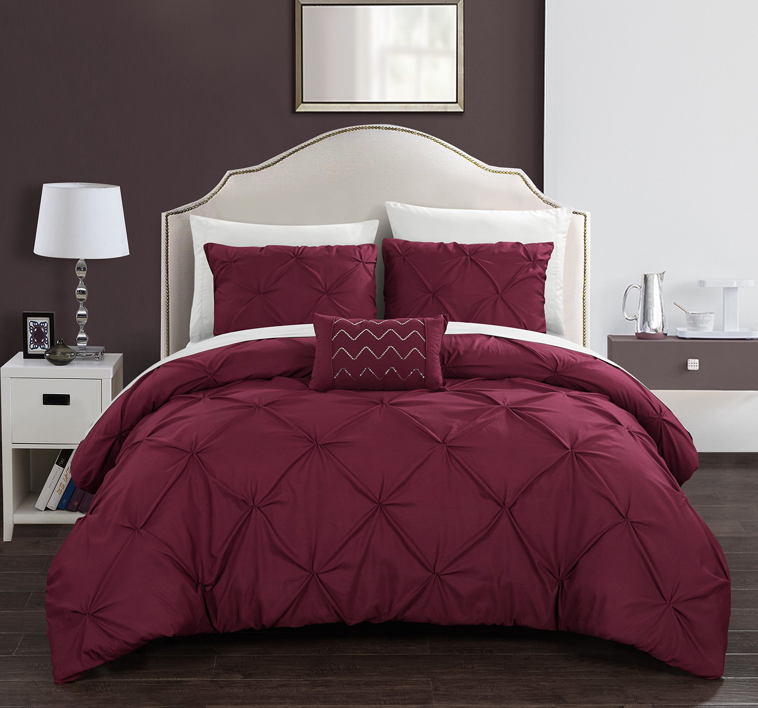 Chic Home Daya 4 Piece Cover Set Pinch Pleat Ruffled Design Embellished Zipper Closure Bedding-Decorative Pillow Shams Included, Queen Duvet, Burgundy