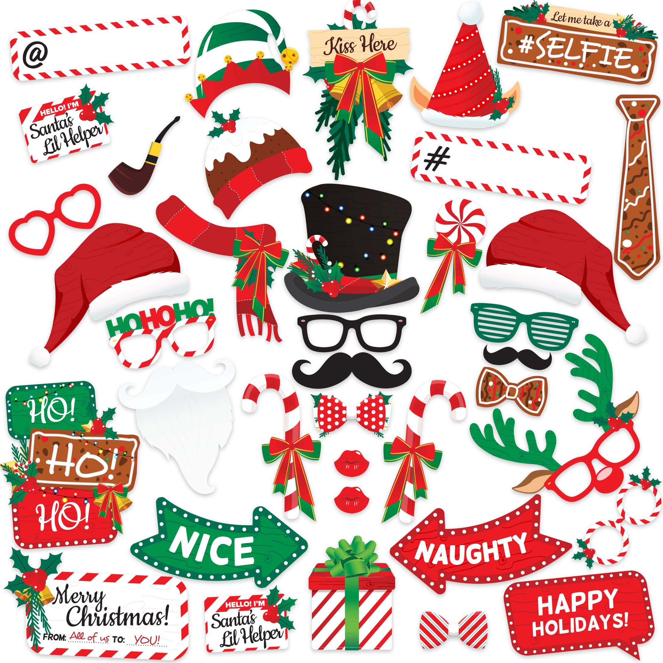 Christmas Photo Booth Props 38pc Set - Christmas Party Decorations, Christmas Games, Christmas Party Favors & Supplies for Kids Adults - Christmas Photo Props Christmas Table Decorations Accessories