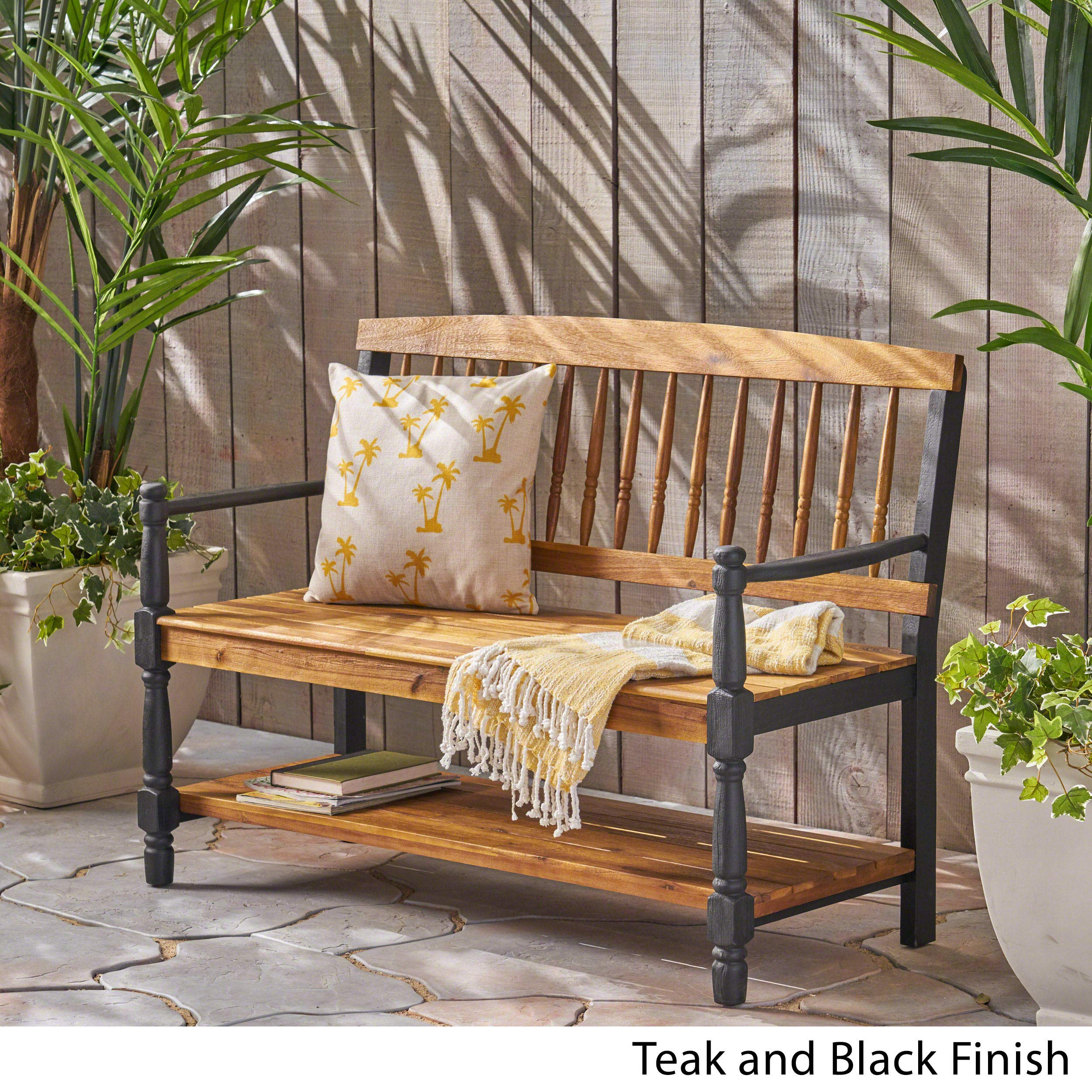 Great Deal Furniture Christopher Knight Home Daphne Outdoor Acacia Wood Bench with Shelf, Teak and Black Finish