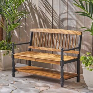 Great Deal Furniture Christopher Knight Home Daphne Outdoor Acacia Wood Bench with Shelf, Teak and Black Finish