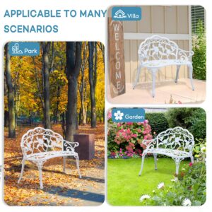 Sun-Ray Outdoor Patio Bench with Rose Detail in White, Cast Aluminum and Cast Iron Bench for Garden, Park, Patio, & Deck