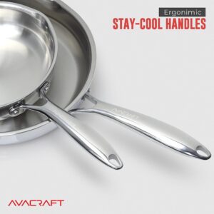 AVACRAFT 18/10 8 Inch Stainless Steel Frying Pan with Lid, Side Spouts, Induction Pan, Versatile Stainless Steel Skillet, Fry Pan in our Pots and Pans (Stainless Steel, 8 Inch)