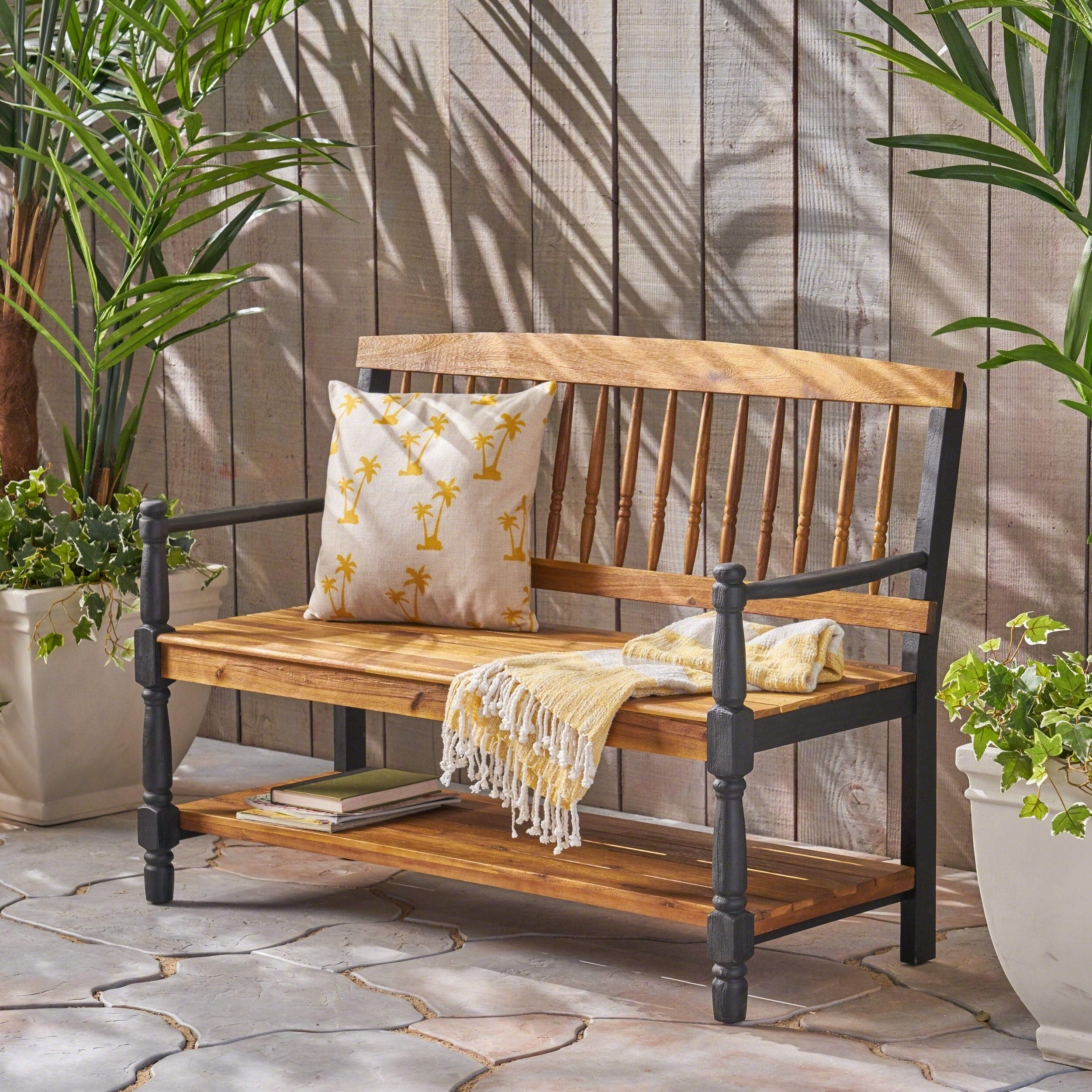 Great Deal Furniture Christopher Knight Home Daphne Outdoor Acacia Wood Bench with Shelf, Teak and Black Finish